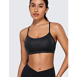 CRZ YOGA Butterluxe Womens Y Back Sports Bra - Padded Racerback Low Impact Spaghetti Thin Strap Workout Yoga Top Faux Leather Black Medium