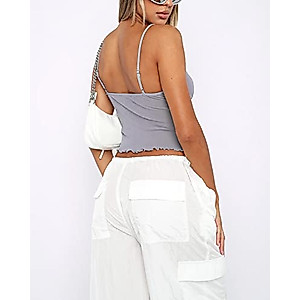 Y2k Sexy Cami Top Spaghetti Strap Lace Trim Sheer Mesh See Through Sleeveless Crop Tops Going Out Tank T Shirt (White Ruched, M)