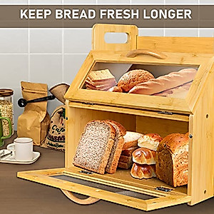 DORPU Extra Large Bread Box, Double Layer Bread Box for Homemade Bread, Bamboo Wooden Bread Storage Container with Tool Holder | Handles | Window, Assembly Required(14.9" x 11" x 15.3") Natural