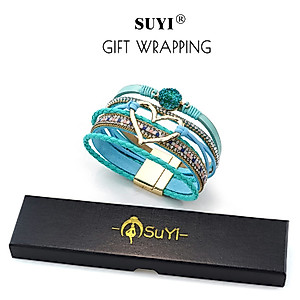 Suyi Multilayer Leather Wrap Bracelet Wide Cuff Bracelets for Women Heart-shape Light Blue
