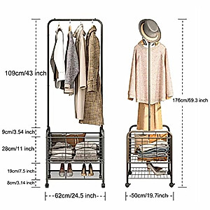 Laundry Cart with Clothes Rack,Rolling Laundry Hamper Basket Cart with Metal Wire Storage Rack and Hanging Rack ，Laundry Butler Garment Rack Storage Rack