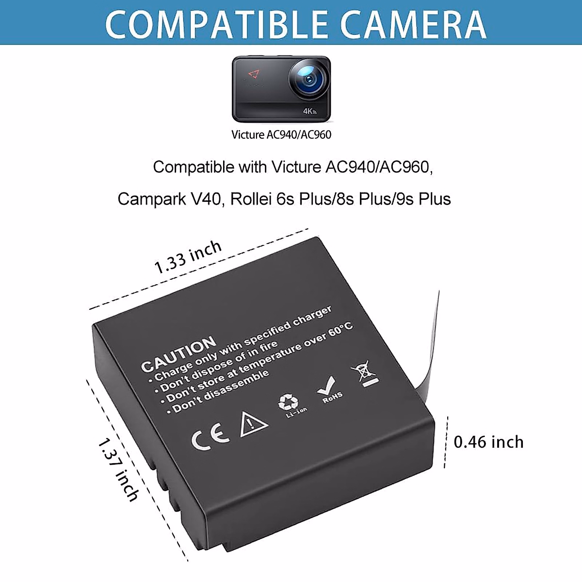 3x1350mAh Action Camera Batteries Rechargeable Compatible with Victure AC940/AC960,Campark V40,PG1350 Replacement Battery with USB Charger