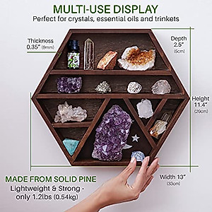 ENSO SENSORY Tsuki Crystal & Rock Display Shelf - Hexagon Floating Wall Shelves with Cresent Moon Design for Rocks, Crystals, Oils, Stones, Plants - Honeycomb Geometric Shape Home Decor