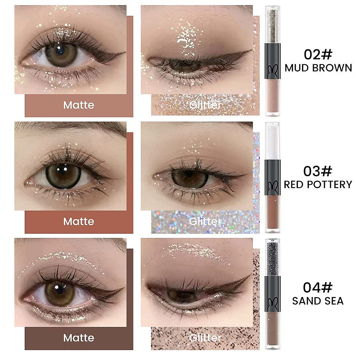 6 Colors Liquid Glitter Eyeshadow Sparkle Eye Makeup Sticks Set.Quick Drying & Easy to Apply.Brown#