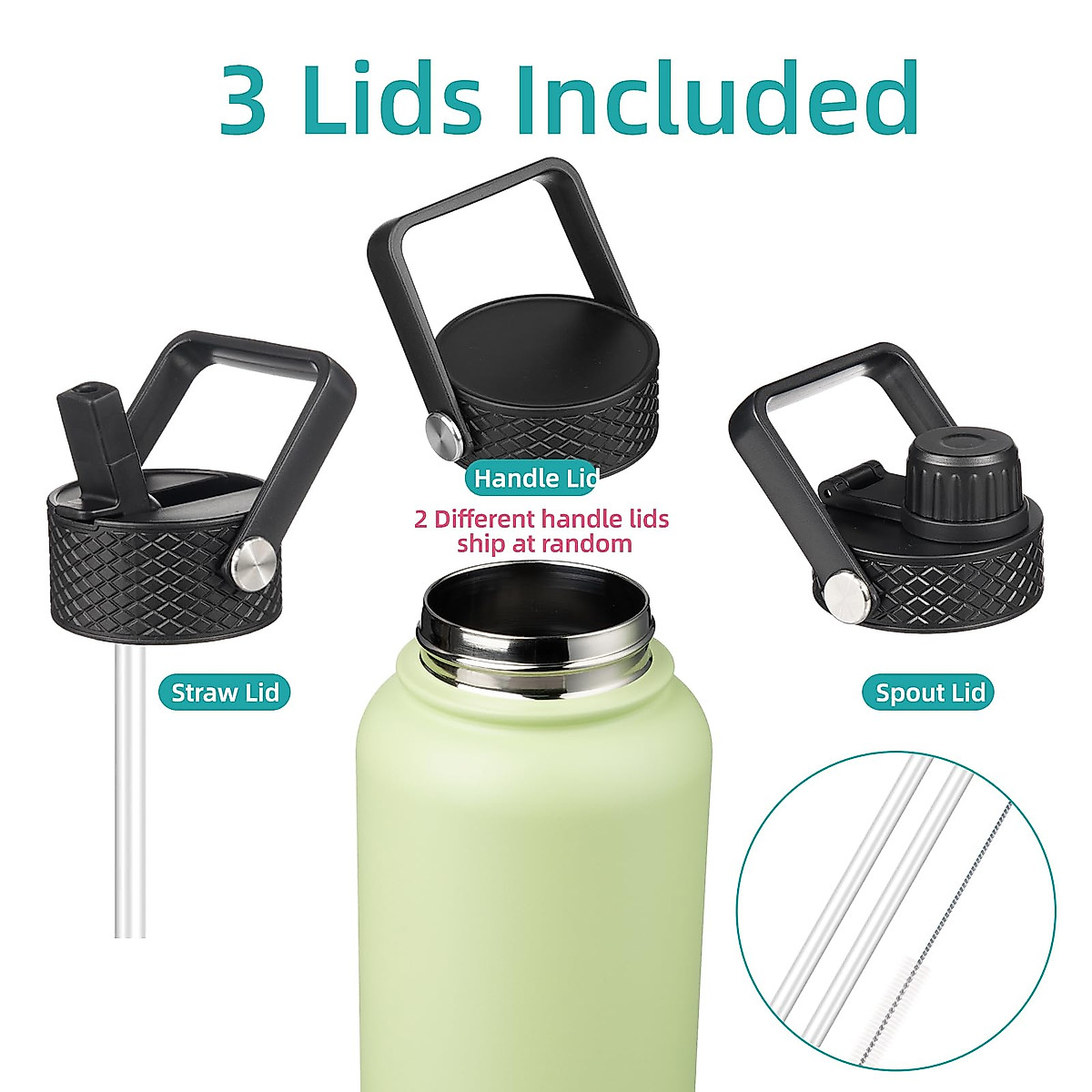 Konokyo Insulated Water Bottle with Straw,32oz 3 Lids Metal Bottles Stainless Steel Water Flask,Macaron Green