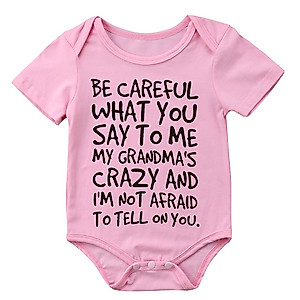 Charm Kingdom Baby Boy Girl be careful what you say to me my grandmas crazy Bodysuit (70 (0-6M), Pink)