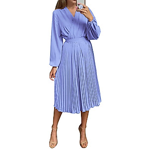 PRETTYGARDEN Women's Spring Midi Dress Long Puff Sleeve Wrap V Neck Flowy Ruffle Pleated Casual Fall Dresses (Blue,Large)