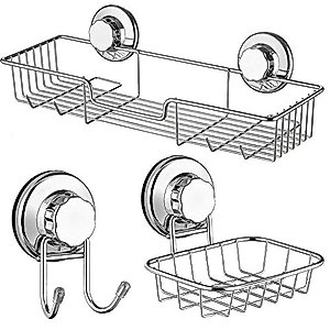ARCCI Suction Cup Shower Caddy 3 Pack, Stainless Steel Bathroom Storage Shower Organizer Shelves, Suction Bar Soap Dish Holder & Bath Hook, Shower Shelf Basket for Inside Shower, Bathroom Organization