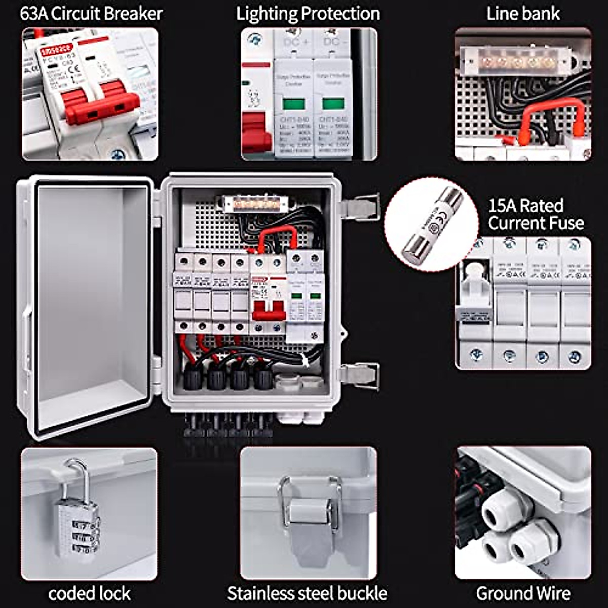 Taiss Changeover Selector Switch 32A 4 Position 12 Terminals LW26-32 0-3/3 + PV Combiner Box 4 String with 15A Rated Current Fuse Circuit Breaker Lightning Arreste and Solar Panel Cable Connectors