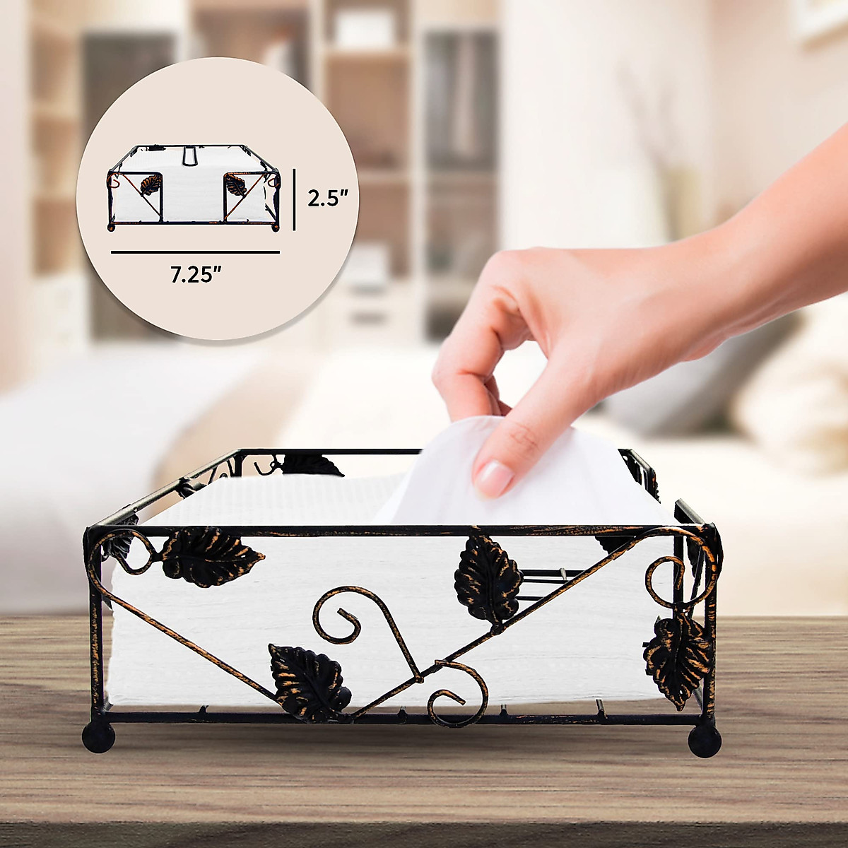 Iron Rustic Napkin Holder for Table – Flat Napkin Holder with Secure Pivoting Arm for Kitchen Tissue – Home Decor Black Napkin Holder with Bronze Leaves – Indoor and Outdoor Kitchen Decor by Maypes