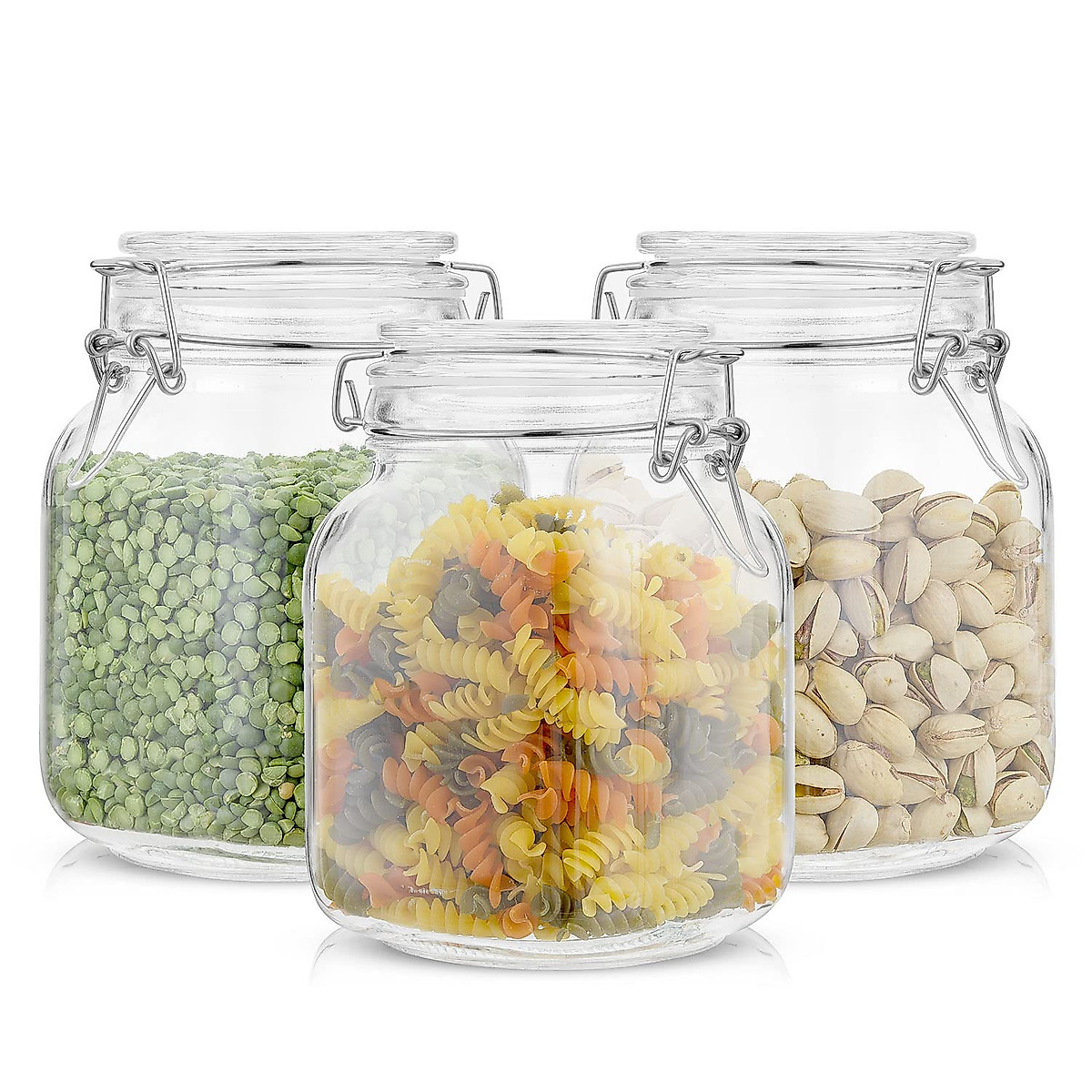 JoyJolt Airtight Glass Jars with Lids Set of 3. 32oz Glass Jar with Lid and 6 Silicone Seals! Med Glass Food Storage Containers. Square Mason Jar, Candy Jar, Sugar Jar, Pasta Containers for Pantry