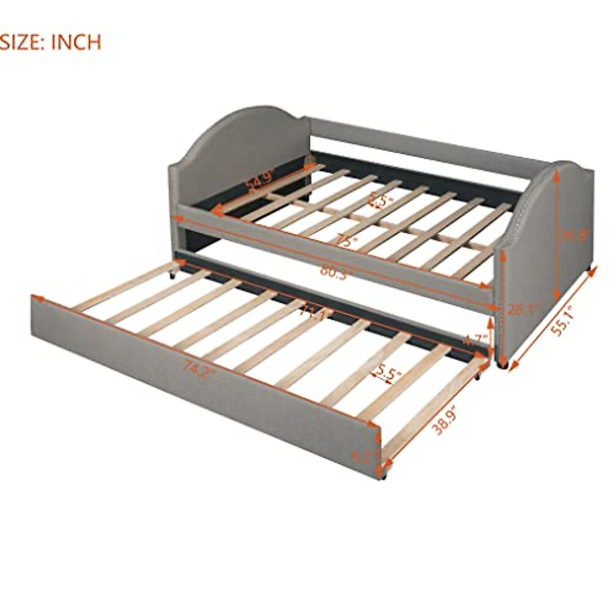 DRELOFT Full Size Upholstered Daybed with Strong Durable Pull-Out Trundle and Legs, Full Day Bed Sofa Bed with Wood Slat Support for Living Room Bedroom Guestroom, No Box Spring Needed, Gray