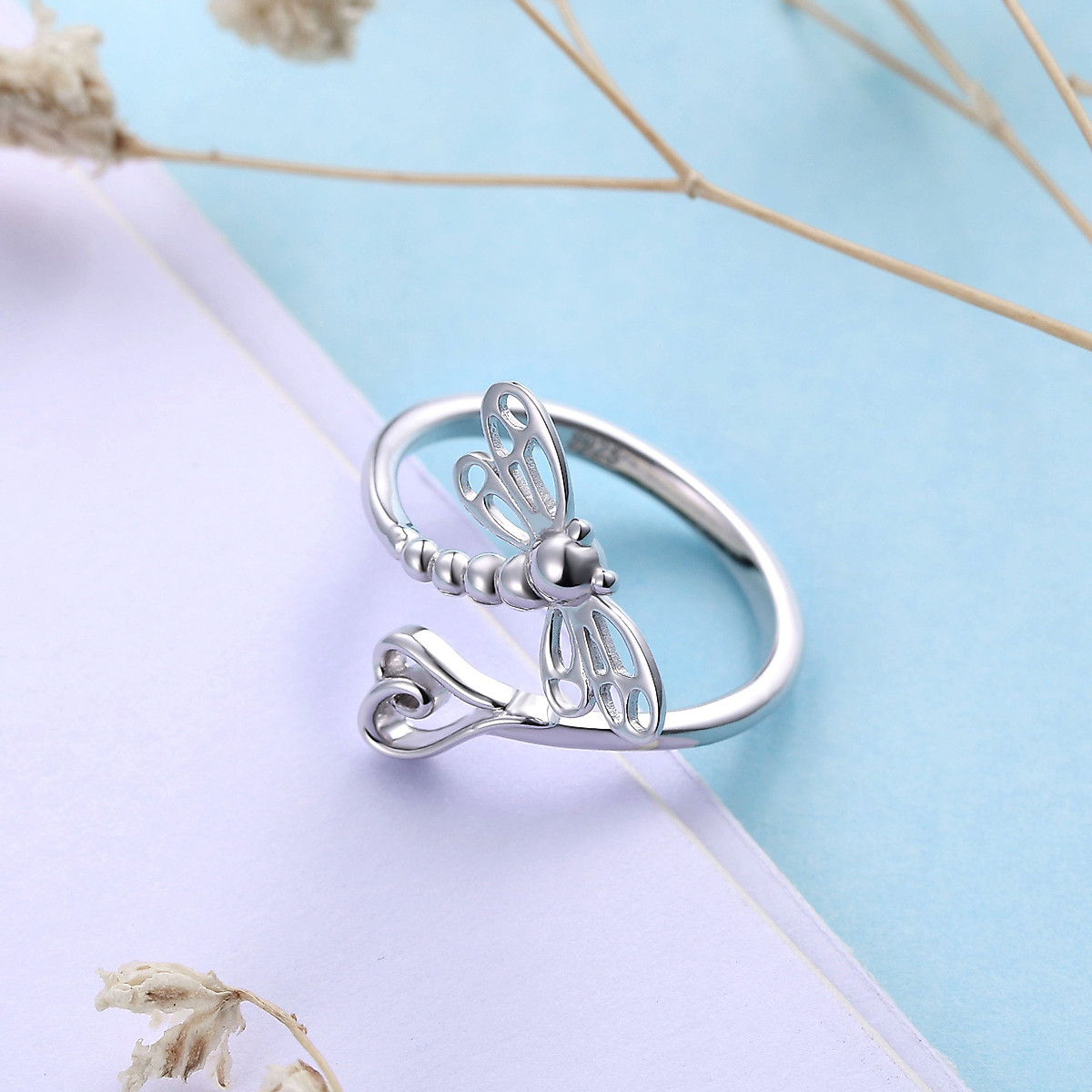 DAOCHONG 925 Sterling Silver Open Heart Insect Dragonfly Wrap Ring for Women (Adjustable Ring) (Dragonfly(wing fitting finger design))
