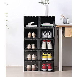 Yunge Drop Front Shoe Box,Set of 6, Stackable Plastic Shoe Box with Clear Door,Shoe Organizer for Display Sneaker, Easy Assembly,Fit up to US Size 14(11.02"x 13.97" x 8.66") Black