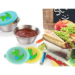 YZDTECH Salad Dressing Containers To Go, Reusable Small Containers with Lids, Stainless Steel Condiment Cup with dinosaur Leakproof Silicone Lids, Fits in Bento Box for Lunch