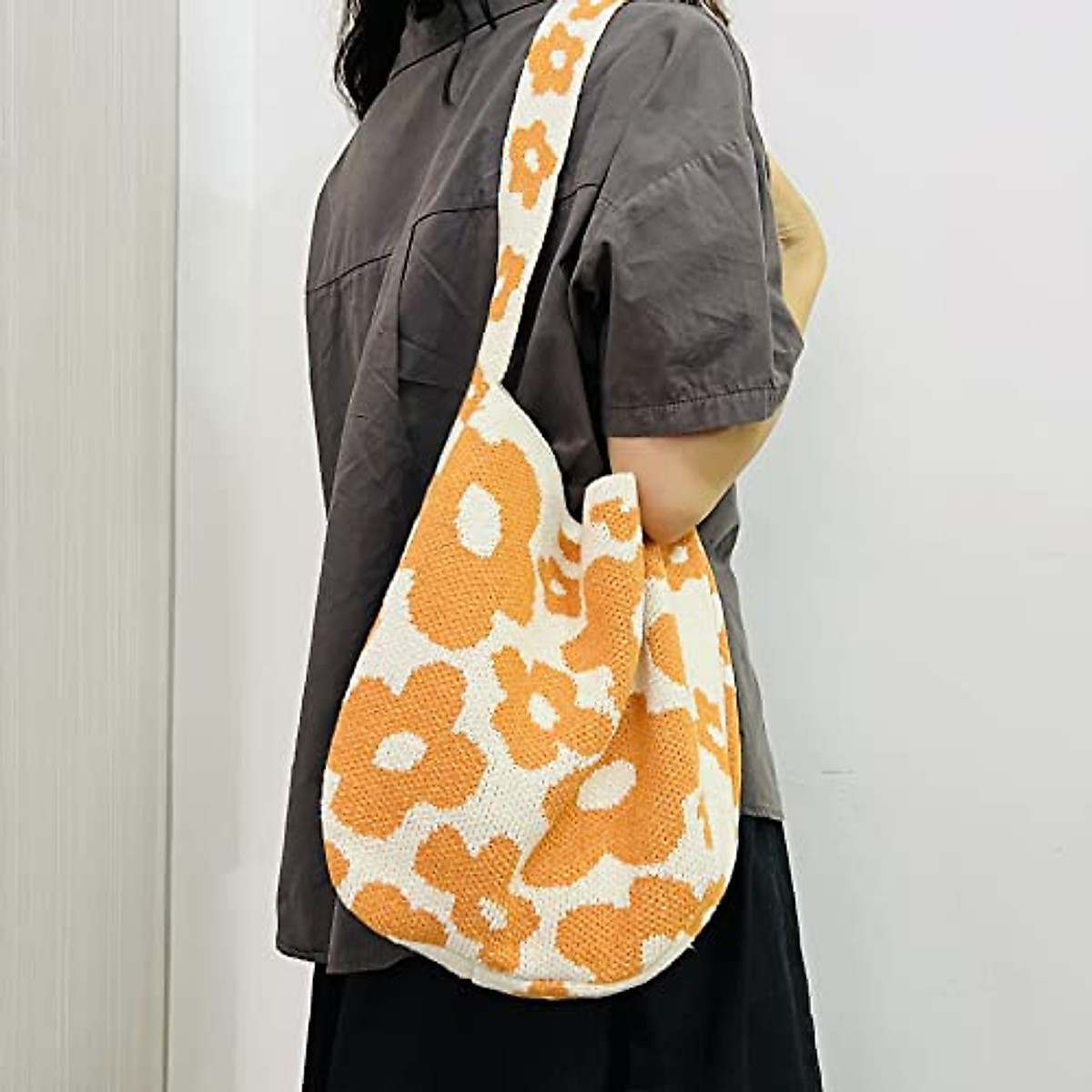 Women Aesthetics Crossbody Bag Crochet Fairycore Flower Bag Y2K Trendy Shopping Bag Knitted Tote Shoulder Bag (Orange)