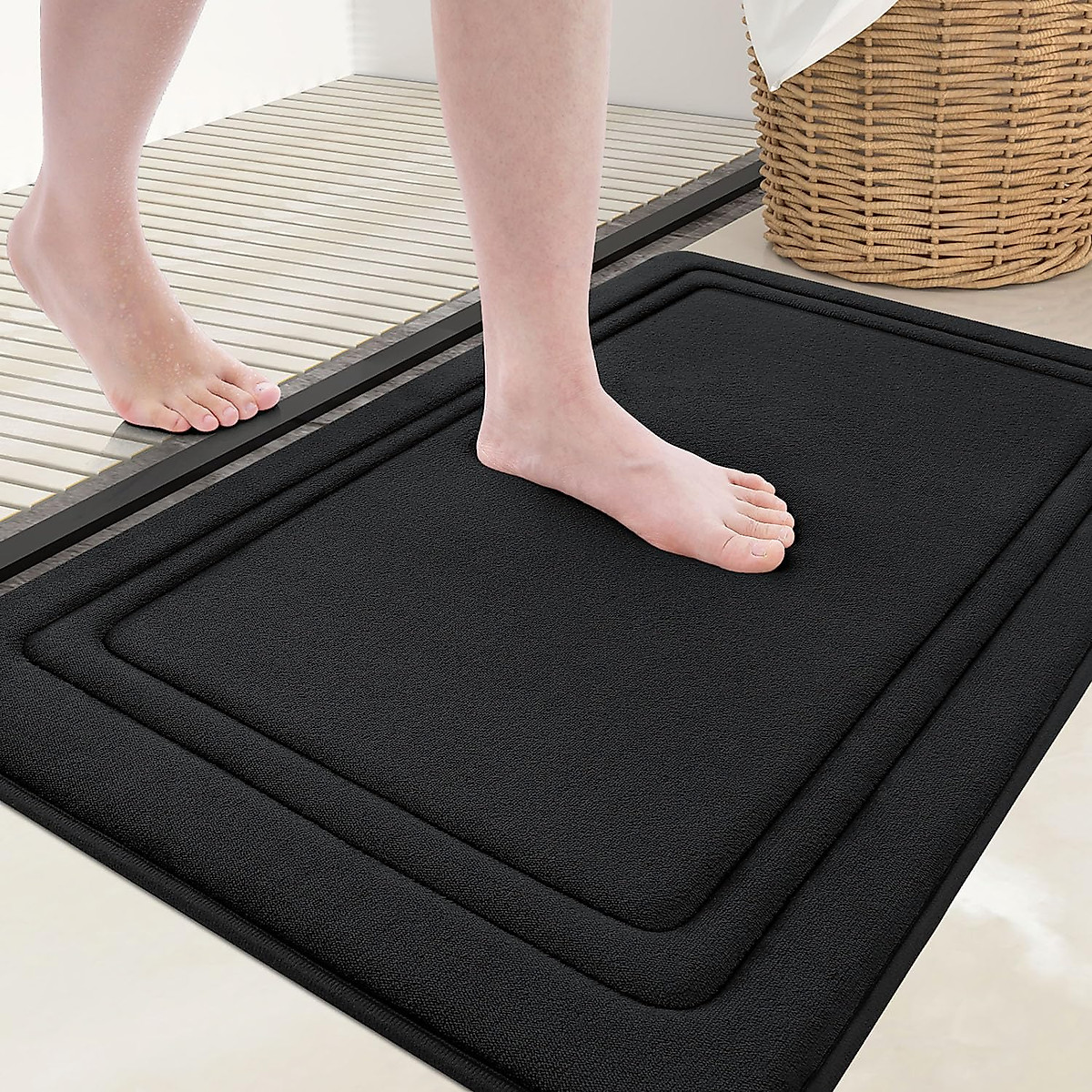 Grandaily Memory Foam Bath Mat Rug 24x16, Ultra Soft, Non-Slip and Absorbent Bathroom Rugs, Machine Wash Dry, Comfortable Bath Carpet for Bathroom Floor, Tub and Shower, Black