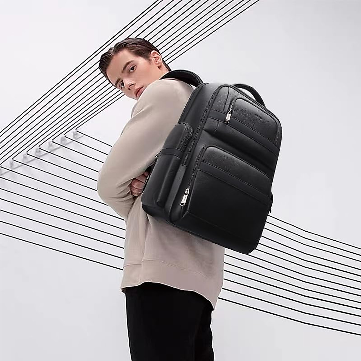 BOPAI 40L Genuine Business Leather Laptop Professional Backpack for Men 15.6 inch Computer with USB Charging Multi-Functional Large Capacity Travel Smart Work Rucksack Anti Theft Black