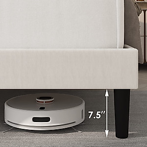 HITHOS Queen Size Bed Frame with Adjustable Tufted Headboard, Velvet Upholstered Platform Bed Frame with Gold Trim, Heavy Duty Mattress Foundation with Steel Frame, Easy-Assembly Slats (Beige, Queen)