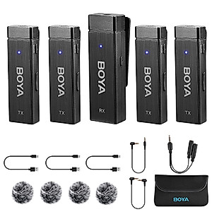 BOYA BY-W4 Wireless Lavalier Microphone Ultracompact 2.4GHz Cordless Clip On Microphones System for Cameras DSLR Smartphone Video Recording Interview YouTube Streaming (4 Transmitters & 1 Receiver)