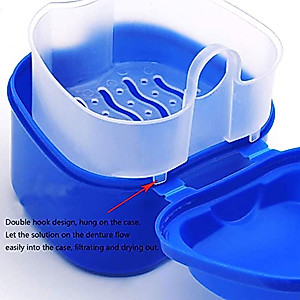 OBTANIM 2 Pack Denture Bath Cup Case Box Holder Storage Soak Container with Strainer Basket for RetainersTravel False Teeth Cleaning (White, Blue)