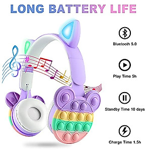 WESADN Bluetooth Headphones Wireless with Microphone Fidget Bubbles Cute Cat Ear with LED Light Up Over Ear Headphones for Girls Boys Women Pop Gaming Headset On Ear for Smartphone Tablet PC, Purple