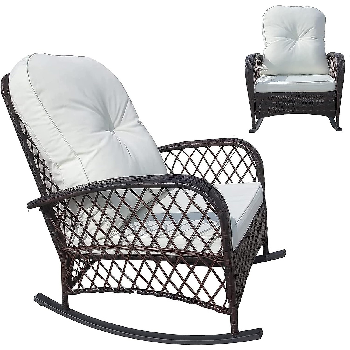 AZRBOPO Wicker Rocking Chair, Patio Rocking Armchair PE Rattan Outdoor Rocker with Soft Cushion Chair for Backyard, Porch Max Load 350LBS - Brown Wicker with White Cushions