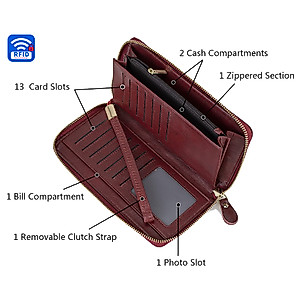 ORIREAL Wallets for Women RFID Blocking Leather Clutch Purse Zip Around Card Holder (Red), 8.07L x 4.13W x 0.98T