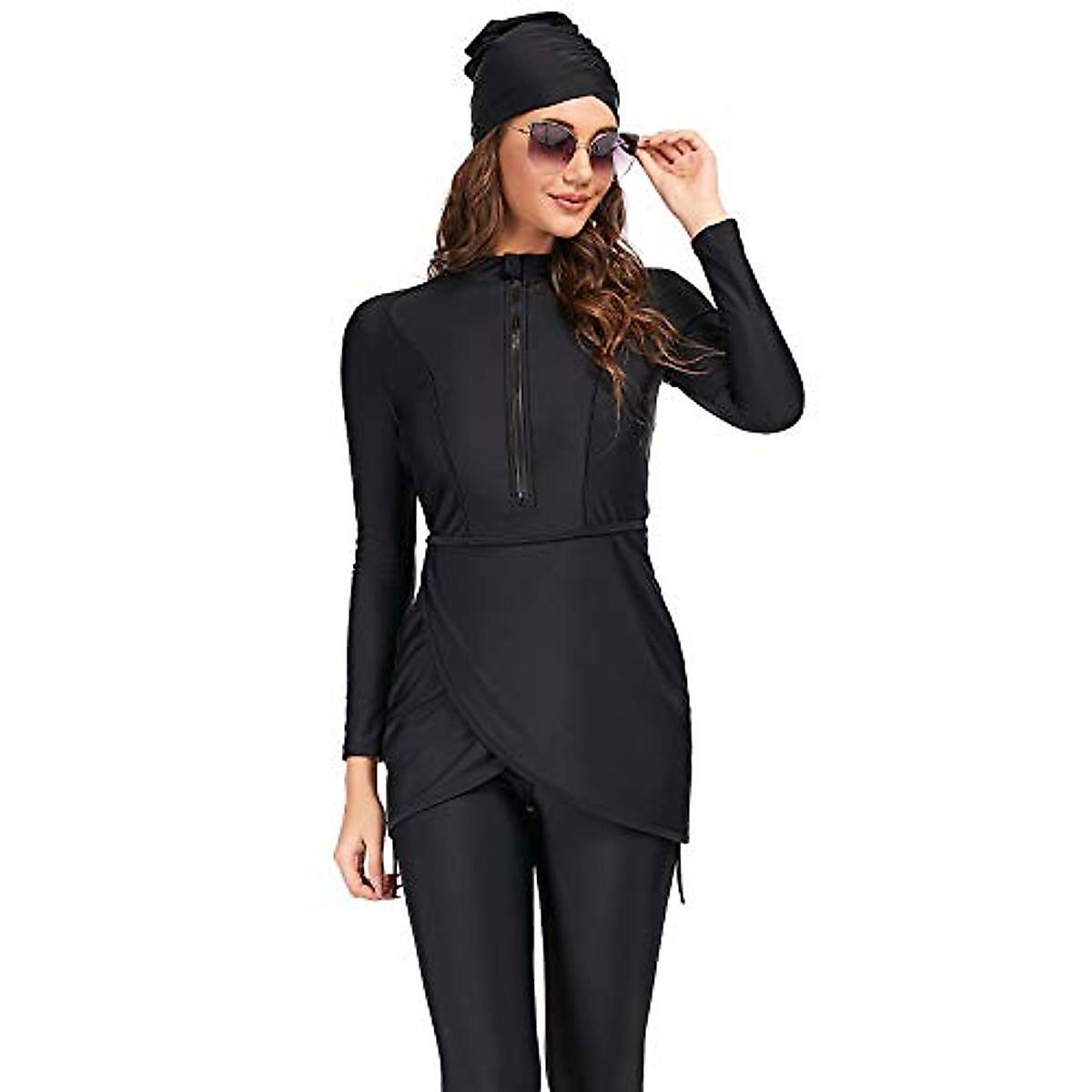 seafanny Women Muslim Swimwear Long Sleeve Burkini Full Cover Hijab Modest Swimsuit (Black, 6-8)