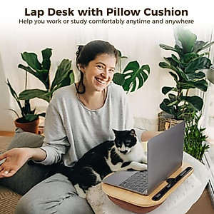 Lap Desk with Pillow Cushion, Portable Bamboo Laptop Stand with Slot for Tablet/Phone, Lightweight Laptop Desk Tray, Computer Bed Table for Home Travel, Support up to 14" Laptops