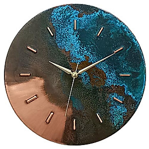 COPPER EMPIRE 12 Inch Turquoise Blue Green Patina Real Copper Non-Ticking Silent Battery Operated Modern Wall Clock for Living Room Wall Decor, Kitchen, Bedroom, Office (Gold Colored Hands)