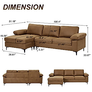 100.8" Sectional Sofa,Faux Leather Couch with Reversible Chaise,Mid-Century L Shaped Sofa Couch for Living Room, Apartment,Office (Brown, Loveseat)