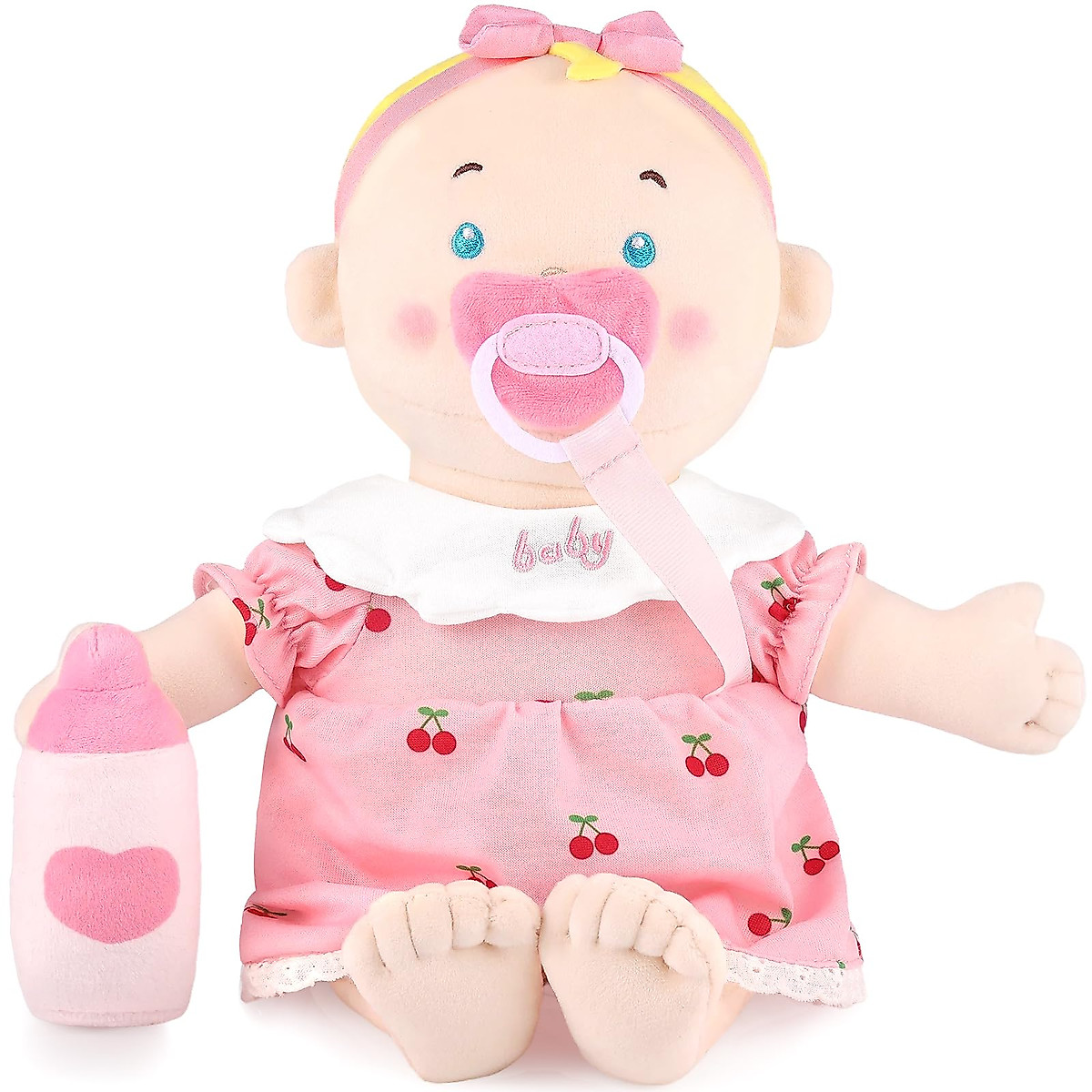 GAGAKU Lovely Baby Doll 12 inch, Soft Plush Doll for Girls Stuffed Huggable Doll Rag Cuddly Doll with Magic Magnetic Pacifier Simulated Baby Bottle for Kids