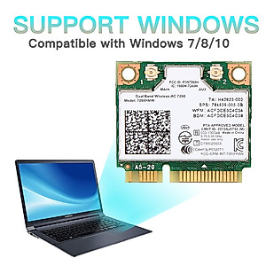 7260ac Half Mini pcie WiFi Card 7260HMW Dual Band Wireless-AC 7260 PCIe WiFi Adapter 2x2 Wi-Fi BT4.0 802.11 b/a/g/n/ac PCI Express Mini Network Card for Windows 7 8 10