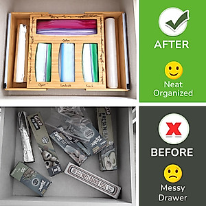 EVERLIVING Bamboo Ziplock Bag Organizer for Drawer & Countertop – Convenient 6-Slot Plastic Bag Organizer – Aluminum Foil Organization and Storage with Cutter – Ziplock Bag Storage Organizer