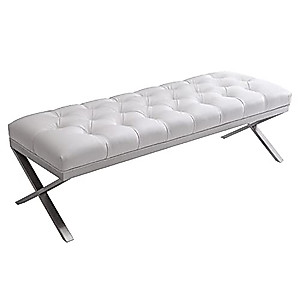 Armen Living Milo Bench in White Faux Leather and Brushed Stainless Steel Finish 60 x 20 x 21