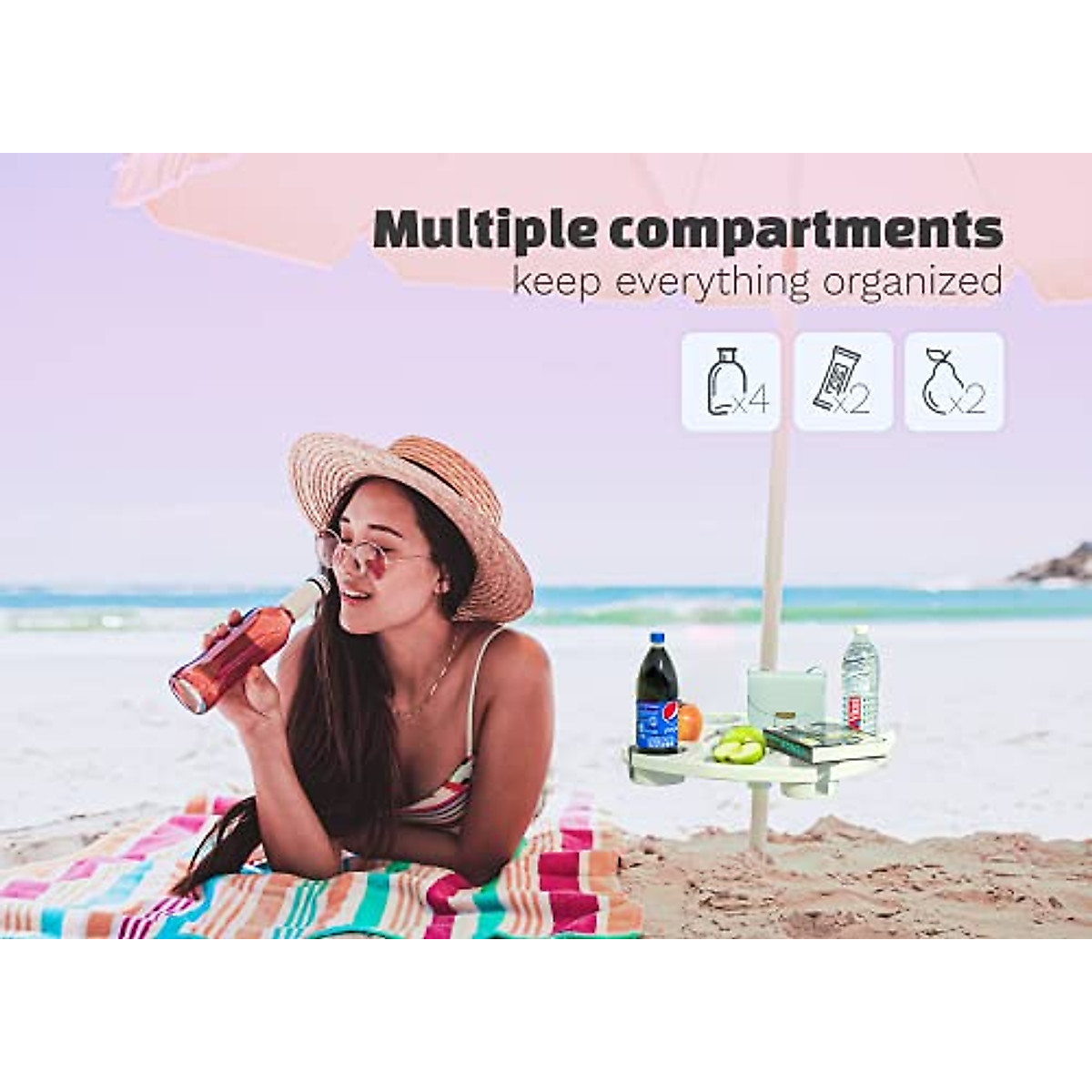 Skywin Umbrella Tray - 19" Beach Umbrella Table Tray with Compartments for Cups and Snacks Great for Beaches, Gardens, Yards, Patios - Universal Pole Fit (Large, White)