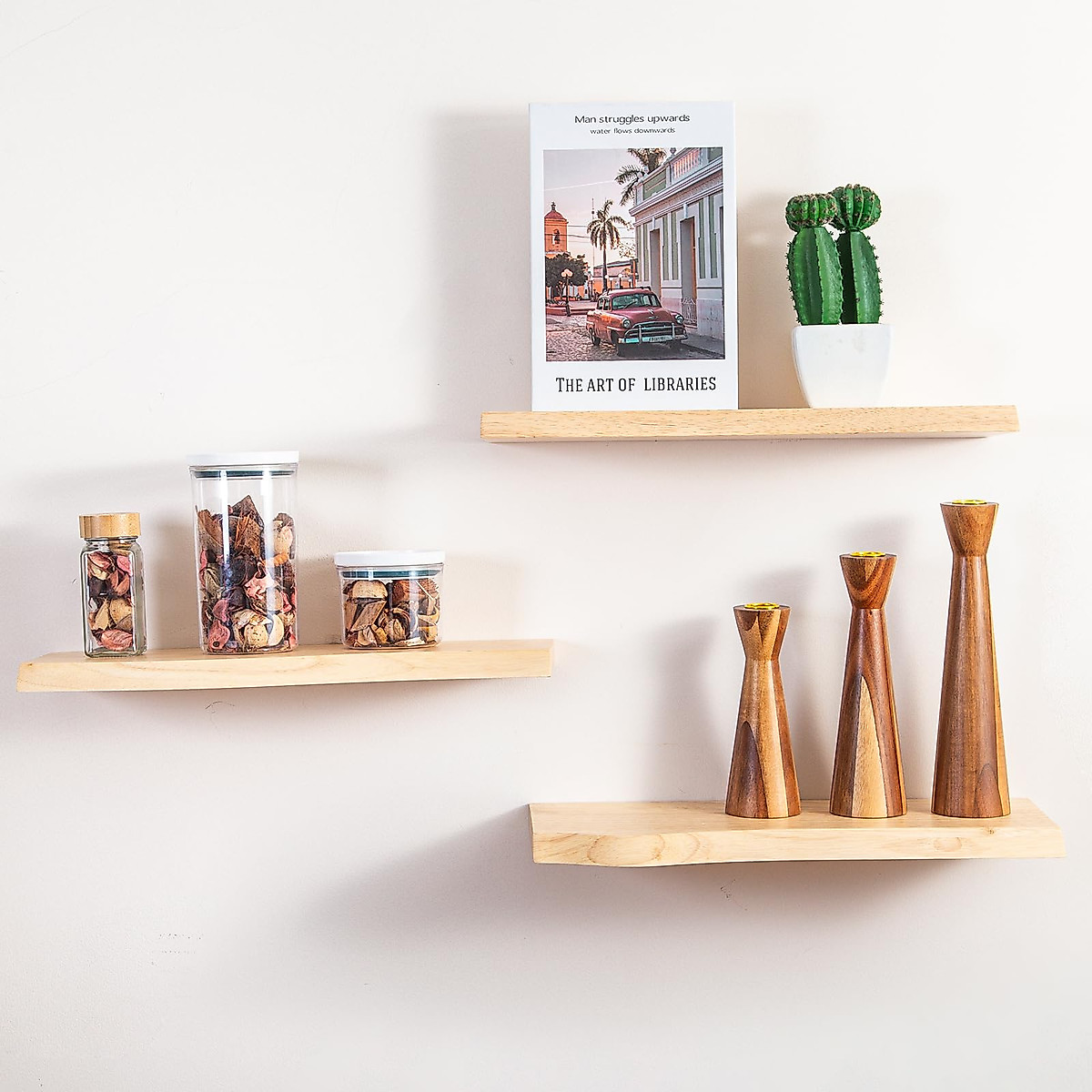 Decent Vrvege Wall Mounted Floating Shelves with Live Edge Design, Irregular Rectangle Wall Decoration Shelf Set of 3, Solid Oak Wood Wall Display Organizer, Home Wall Storage Decor Shelve