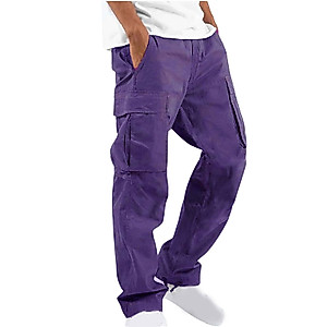 Your Orders Cargo Pants for Men Relaxed fit Hiking Joggers Sweatpants Casual Loose Cotton Drawstring Straight Pants with Pockets Men's Pants Elastic Waistband Jeans Purple 2X