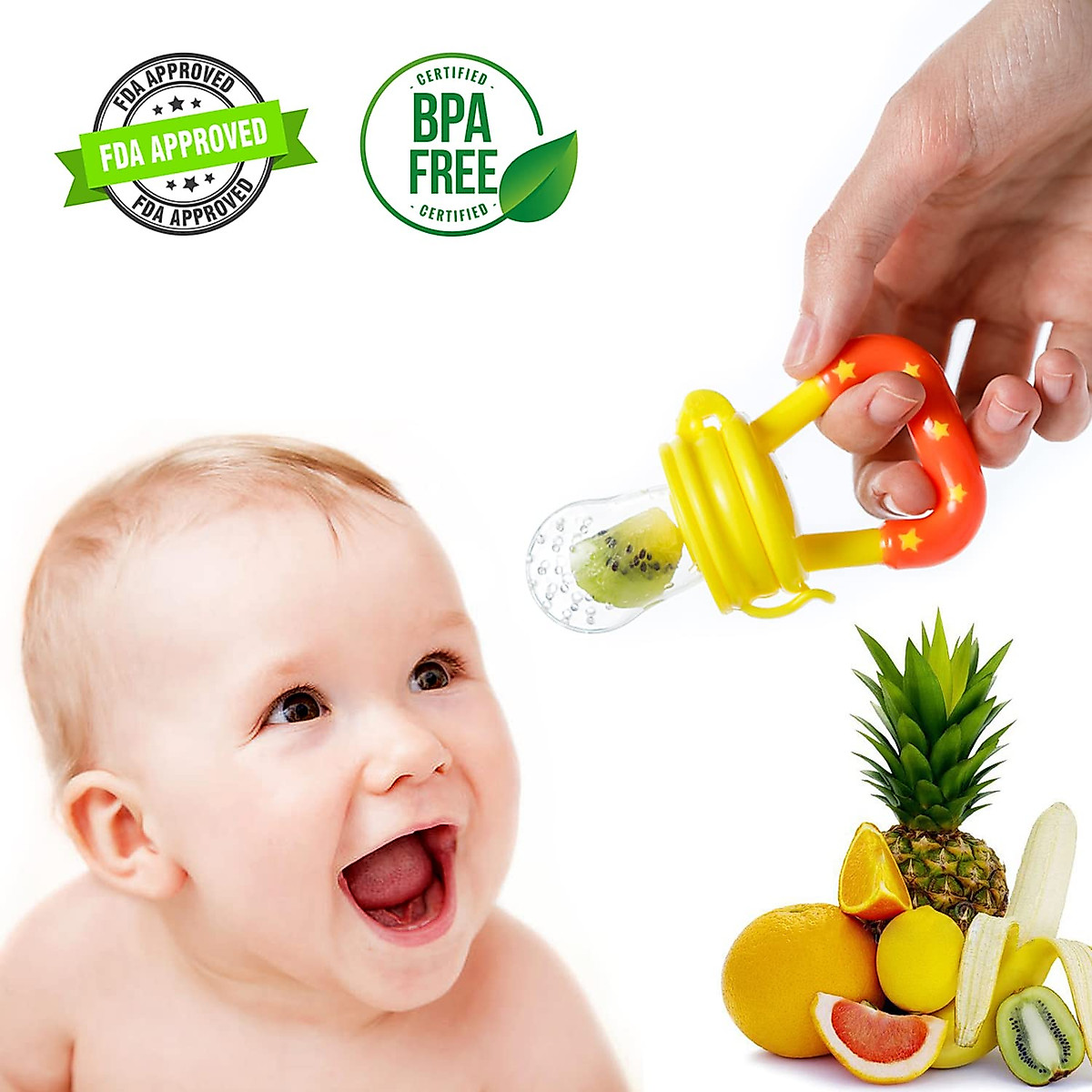 Baby Fruit Food Pacifier Feeder -2 Pack Silicone Baby Feeder Pacifiers | Baby Teether | Baby Mesh Feeder | Silicone Teether Feeder | Feeding Pacifier for Babies | Baby Fruit Teethers (Green&Yellow)