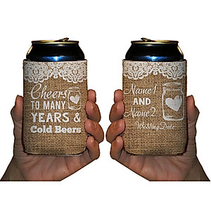 VictoryStore Custom Rustic Wedding Can Cooler Cheers to many Years and Cold Beers, Wedding Can Coolers Set of (100)