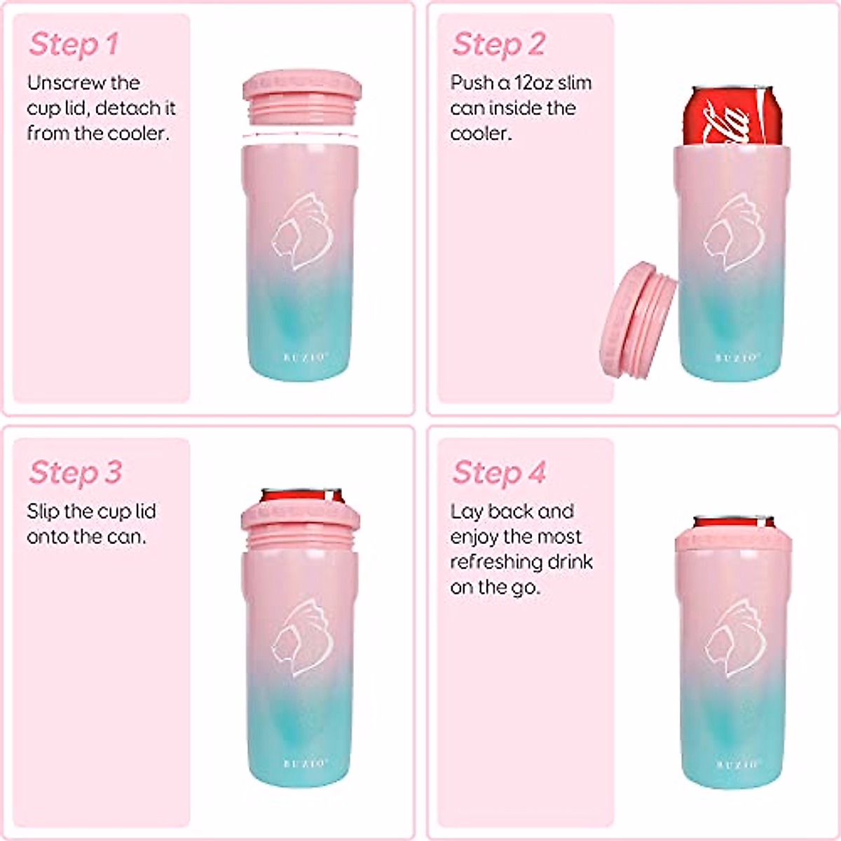 BUZIO 3-in-1 Insulated Can Cooler for 12oz, Double Walled Stainless Steel Can Holder and Beer Bottle Holder, 6 Hours Cold, Can Coozie Drink Cooler for 12 oz Slim Cans, Regular Cans, Bottles