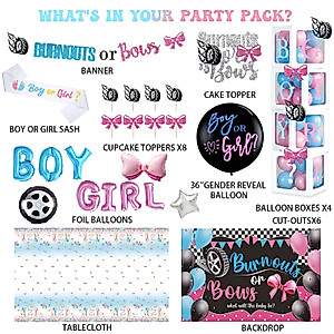 Fiesec Burnouts or Bows Gender Reveal Decorations, Baby Boy or Girl Gender Reveal Party Decorations, What Will the Baby Be Backdrop Balloon Banner Tablecloth Cake Cupcake Topper Box Sash Pink Blue