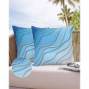 Outdoor Pillow Covers Waterproof, Blue Ombre Throw Pillowcase Decorative Cover, Aesthetic Geometric Blue Wave Modern Abstract Art Garden Cushion Case Set of 2 for Sofa, Couch, Tent, Patio 18"x18"