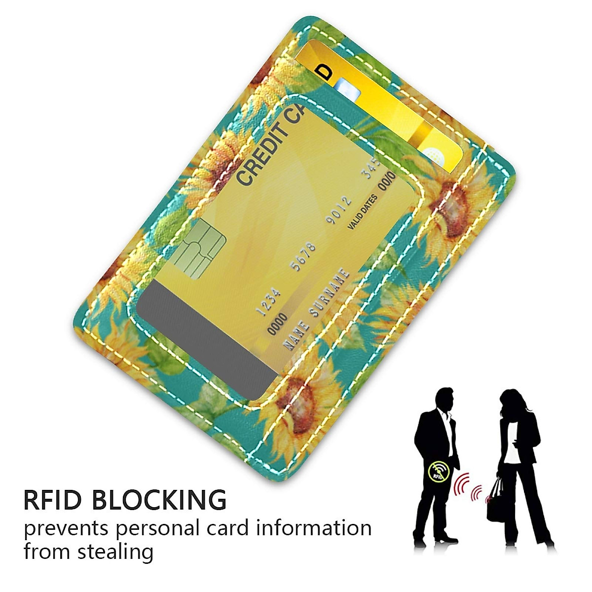 Linomo Thin leather Card Holder and Money Clip Vintage Sunflower Pattern Wallet RFID Blocking for Men & Women