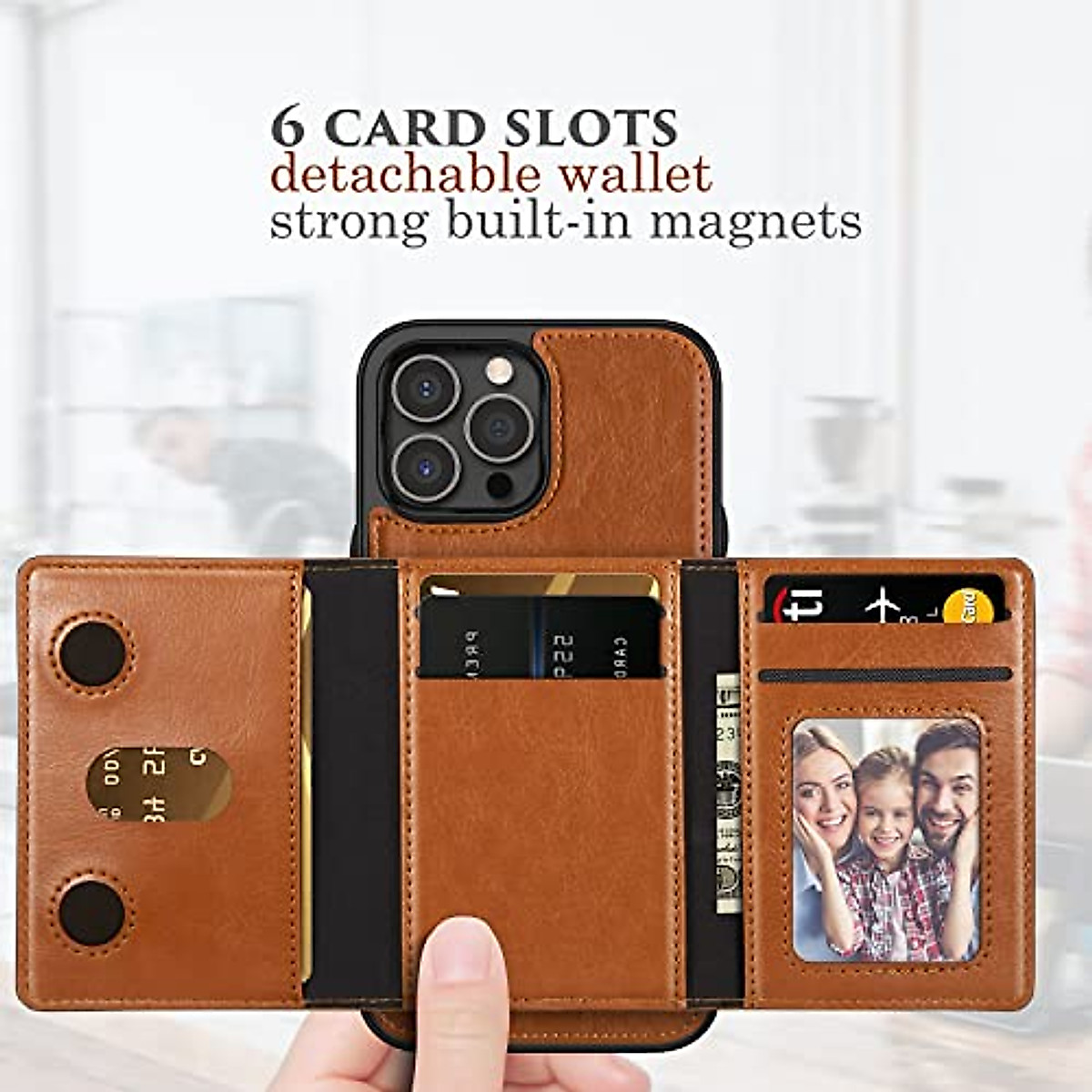 LOHASIC for iPhone 14 Pro Max Wallet Case, 6 Card Holder, Detachable Magnetic Back, Compatible with Mag-Safe, Vintage Leather Fancy Credit Slot Phone Cover for Men Women, 6.7 Inch, 5G, 2022 - Brown