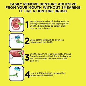 Denture Dart V2 Hard Plastic Denture Gel Adhesive Remover - Remove Denture Gel Adhesive from Mouth & Gums, Denture Glue Removal Tool, Oral Hygiene, Scraper w/Textured Grip and Rigid Bristles
