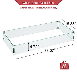 GYUTEI Fire Pit Wind Guard, 33"x 15"x 5" Fire Pit Glass Wind Guard 0.39 Inch Clear Tempered Glass Flame Shield with Hard Aluminum Corner Bracket for Rectangular Outdoor Fire Pit