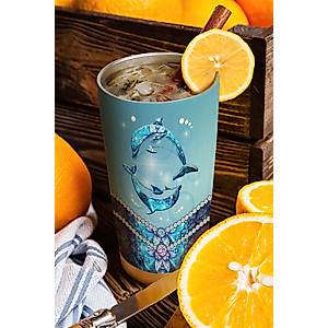 20oz Blue Jewelry Dolphin Tumbler, Gifts for Dolphin Lovers, Sea Ocean Gifts, Coffee Thermos for Women, Stainless Steel Double Wall Vacuum Insulated Coffee Mug, Travel Cup with Lid