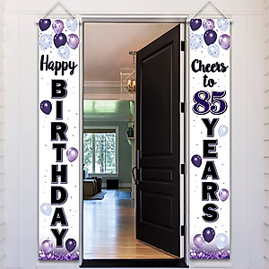 LASKYER Happy 85th Birthday Purple Door Banner - Cheers to 85 Years Old Birthday Front Door Porch Sign Backdrop,85th Birthday Party Decorations.